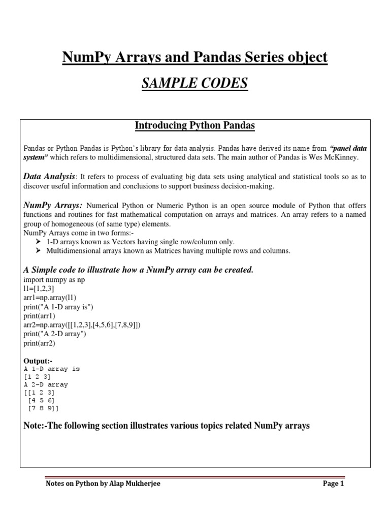Numpy Arrays And Pandas Series Object Pdf Computer Programming Computing 2609