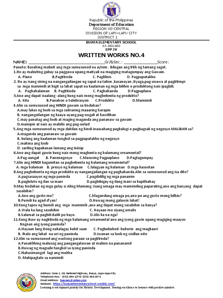 Written Works and Performance Tasks No.4 | PDF