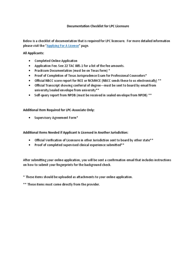 LPC Licensure Documentation Checklist | PDF