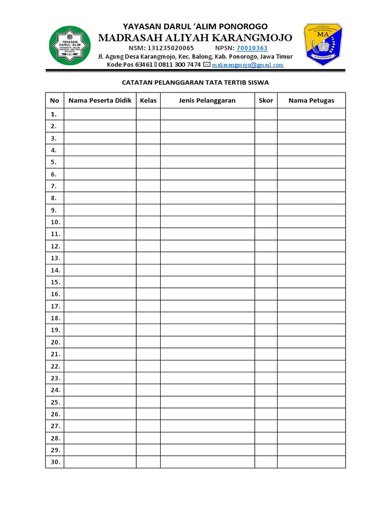 1.b. Buku Piket - Catatan Pelanggaran Siswa | PDF