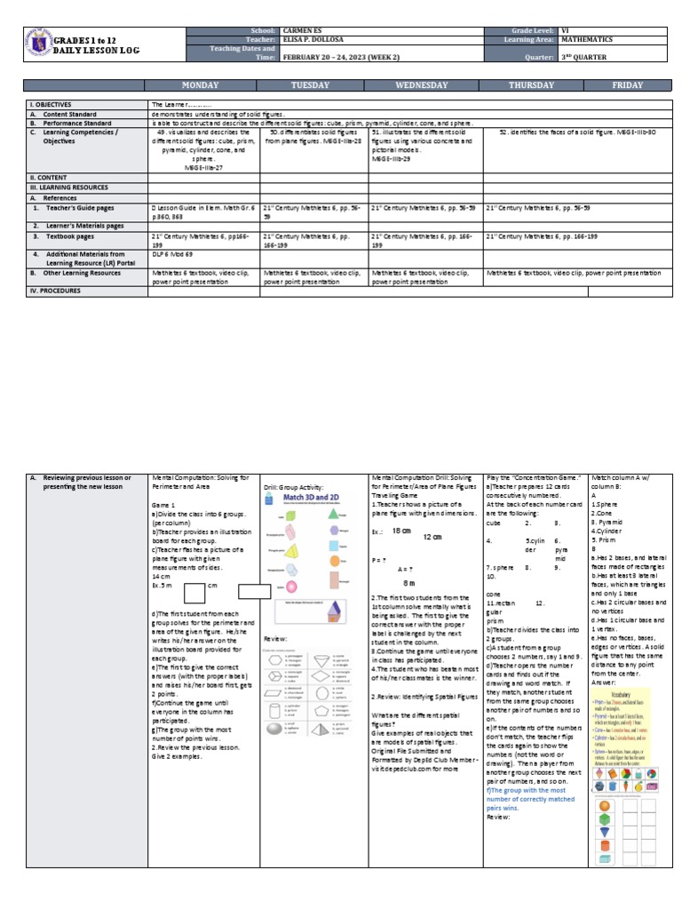 Math Lesson Logs Solid Geometry Figures | PDF | Shape | Area