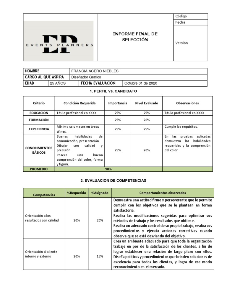 Formato de Informe de Seleccion Por Competencia | PDF | Evaluación | Business