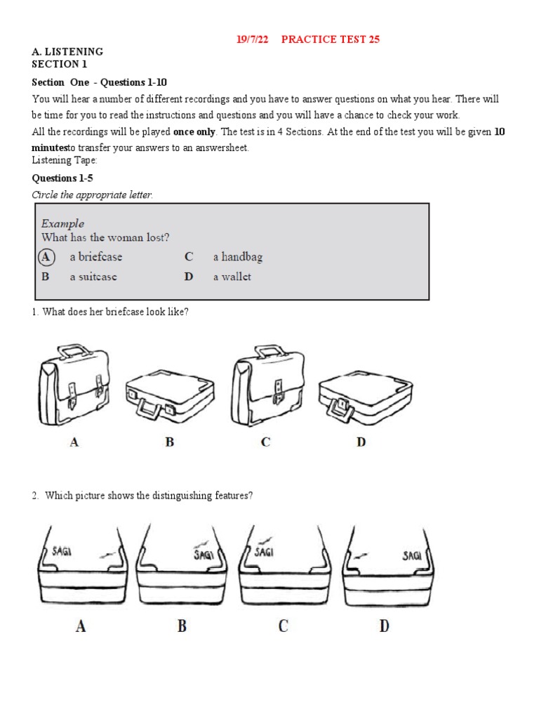 19/7/22 Practice Test 25: A. Listening Section 1 Section One ...