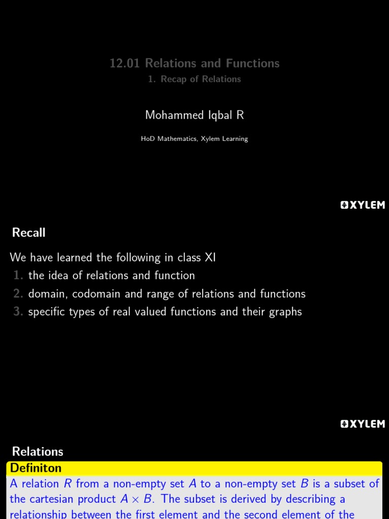 12.01 Relations and Functions: Mohammed Iqbal R | PDF | Function (Mathematics) | Geometry