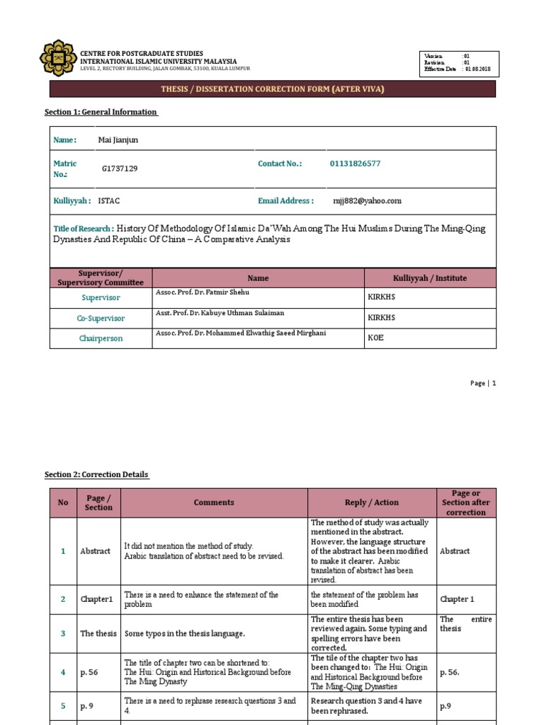 3. Thesis Correction Form (2 June) | PDF | Thesis