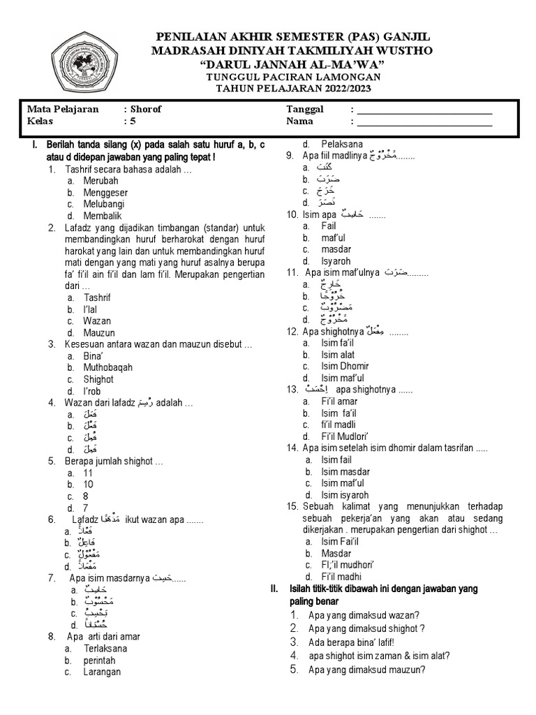 soal shorof kls 2 & 3 smk fix | PDF