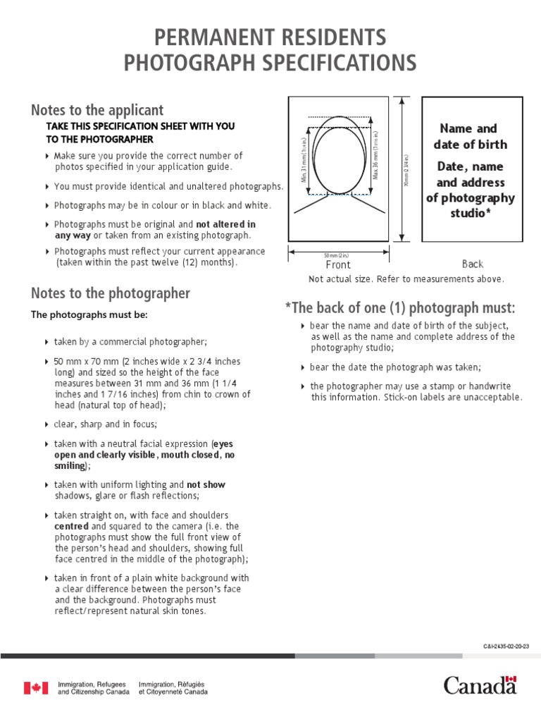 Permanent Residents Photograph Specifications: Notes To The Applicant ...