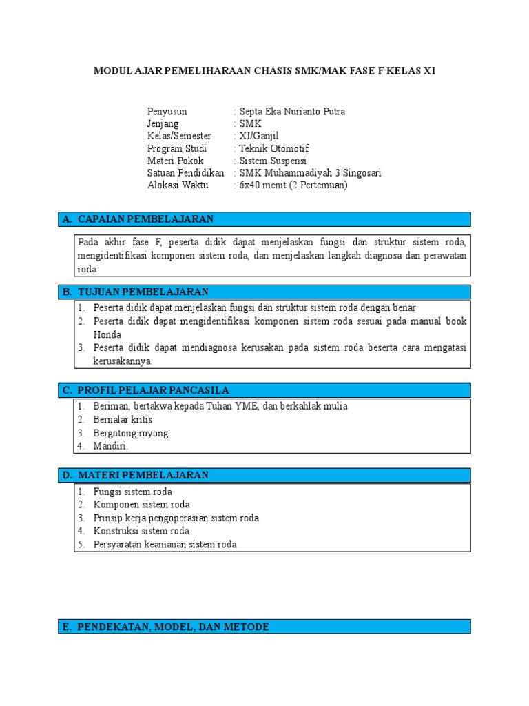 Modul Ajar Pemeliharaan Chasis Kelas XI Fase F Teknik Otomotif - Sistem ...