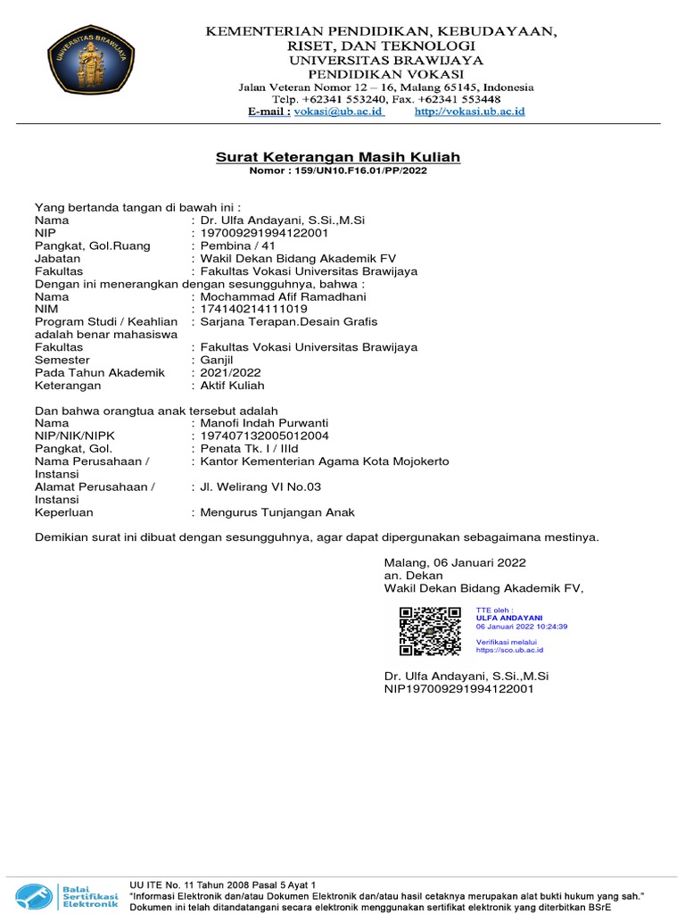 Surat Keterangan Aktif Kuliah FV UB | PDF