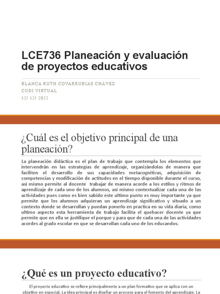 LCE736 Planeación y Evaluación de Proyectos Educativos | PDF | Enseñando | Aprendizaje