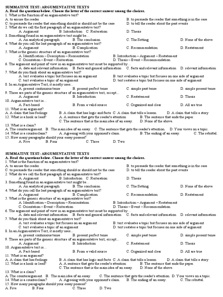 Argumentative Text Summative Test | PDF | Essays | Argument