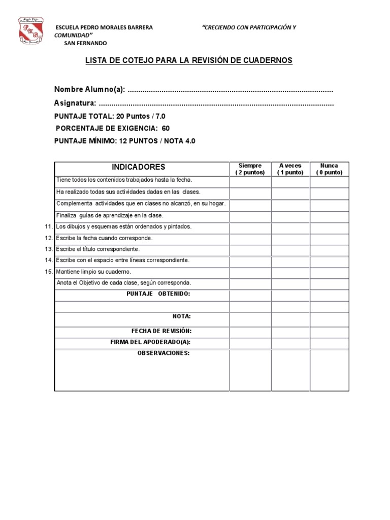 Lista de Cotejo para Revisar Cuadernos | PDF