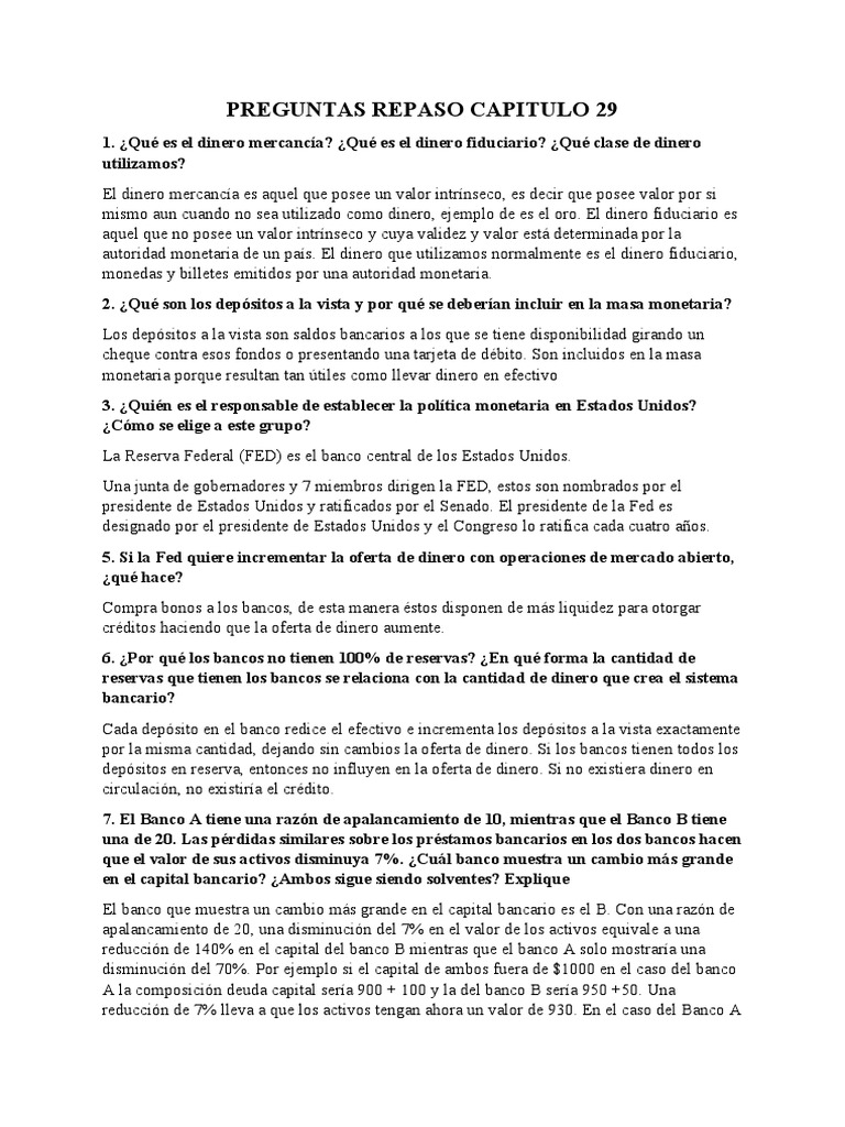 Preguntas Repaso Capitulo 29 | PDF | Dinero | Bancos