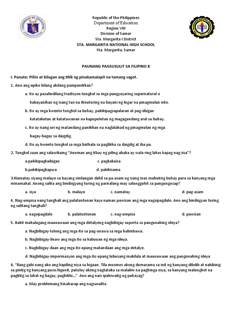 Paunang Pagsusulit Sa Filipino 8 | PDF
