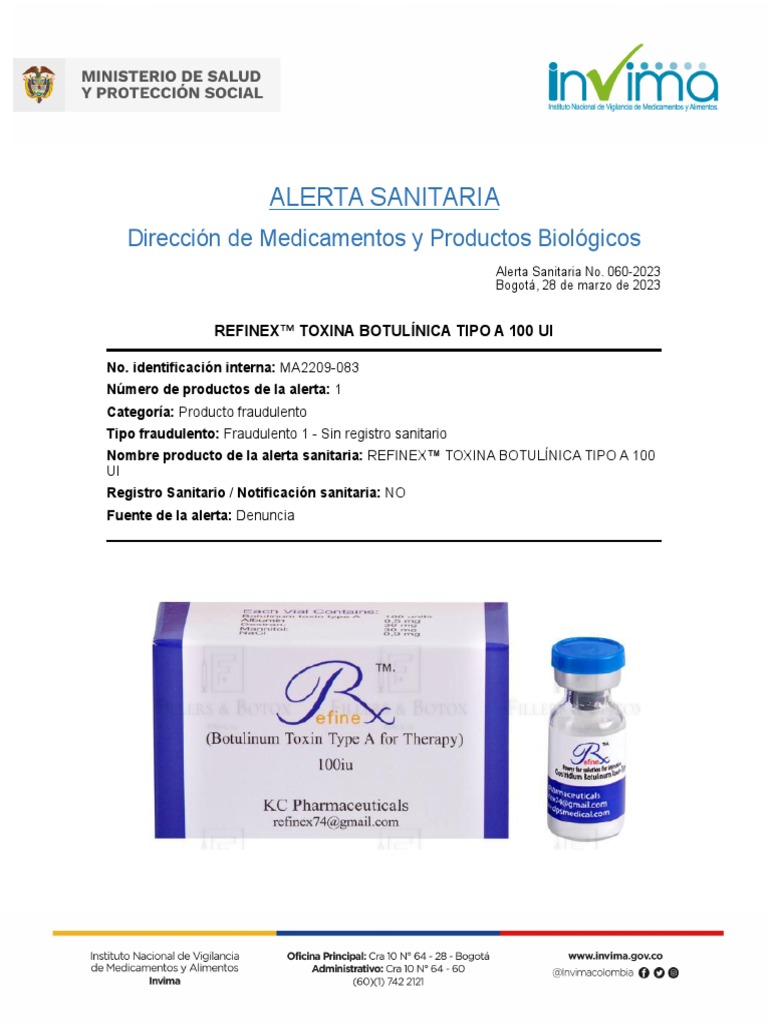 Alerta Sanitaria - 060-2023 - REFINEX TOXINA BOTULÍNICA TIPO A 100 UI | PDF