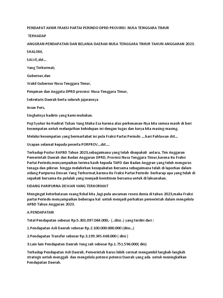 Pendapat Akhir Fraksi Partai Perindo DPRD Provinsi Nusa Tenggara Timur | PDF