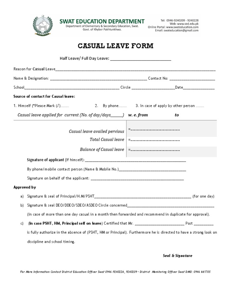 Teacher Casual Leave Application Form | PDF
