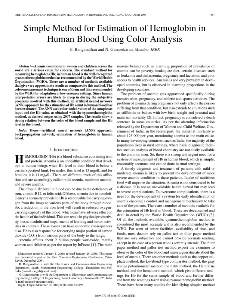 Simple Method For Estimation of Hemoglobin in Human Blood Using Color ...