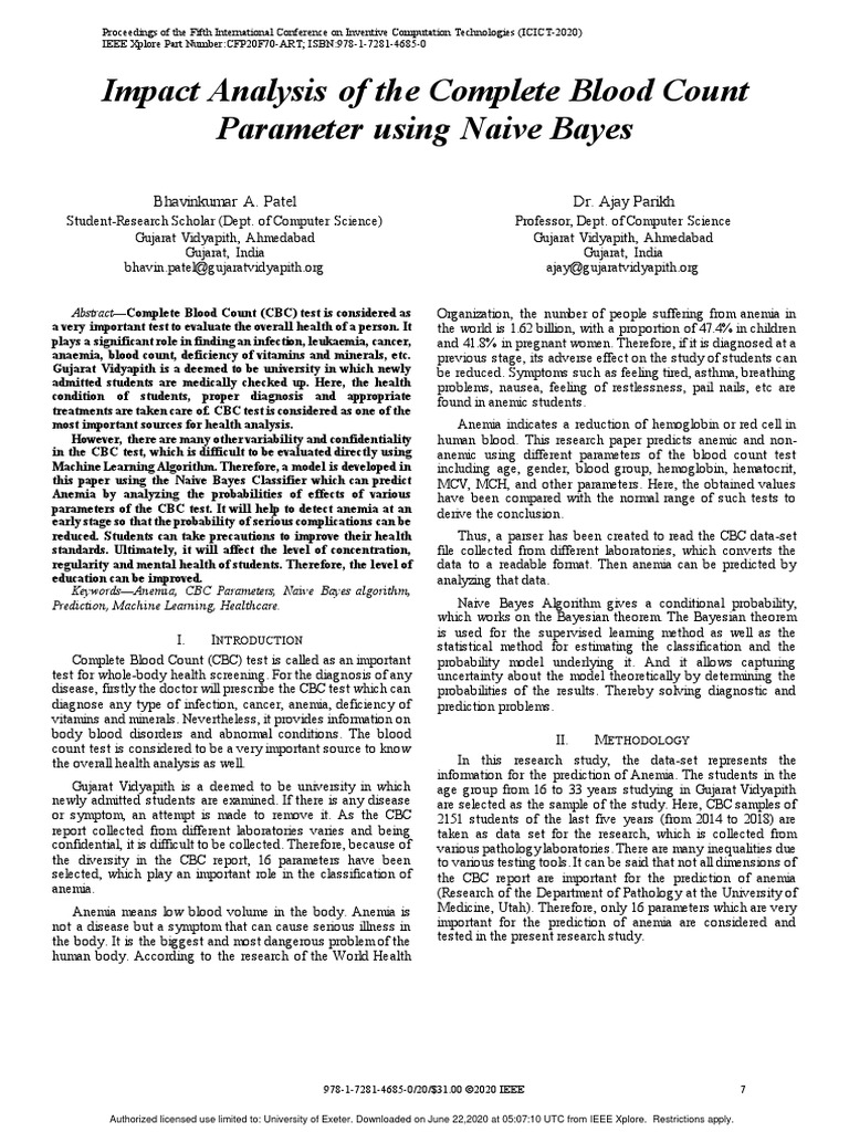 Impact Analysis of The Complete Blood Count Parameter Using Naive Bayes | PDF | Anemia ...