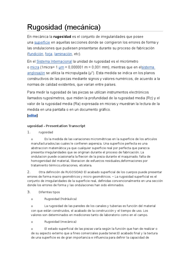 Rugosidad | PDF | Rugosidad de la superficie | Física Aplicada e ...