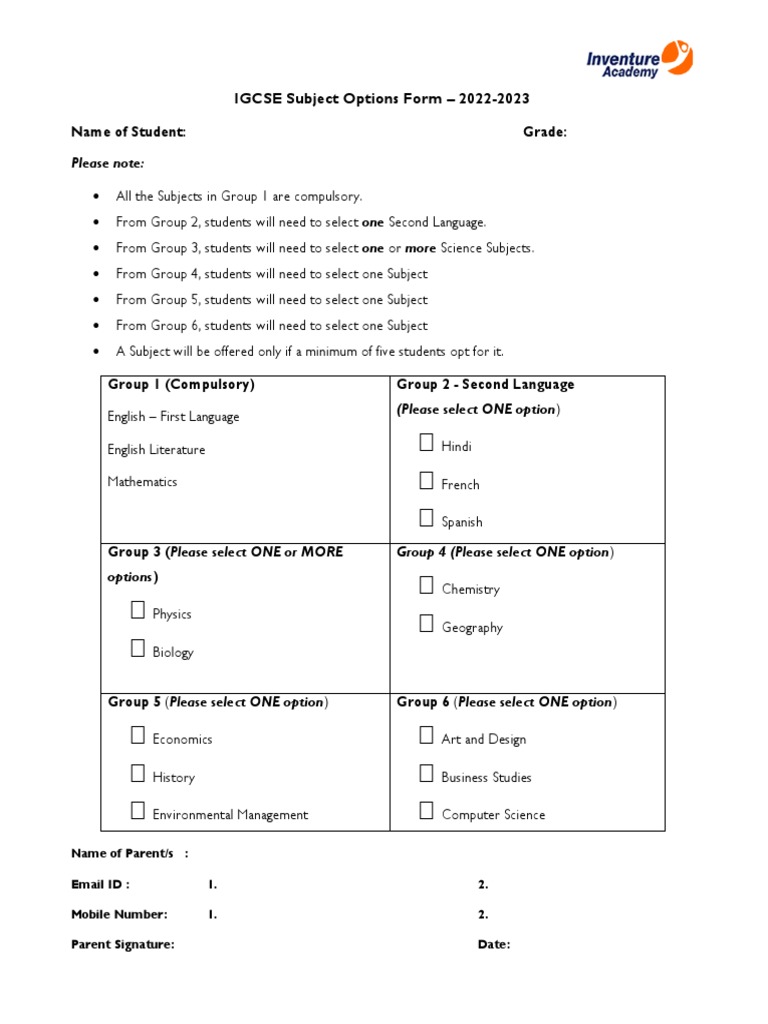 IGCSE Subject Options Form - 2022-2023: Please Note | PDF