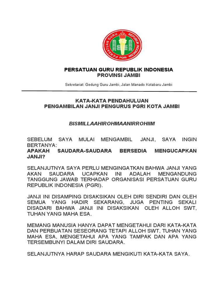 Naskah Pelantikan Pengurus Pgri Kabupaten Kota | PDF