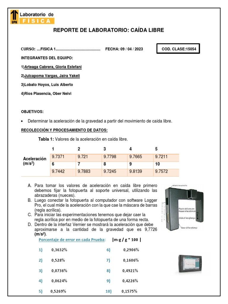 Reporte Lab Fisi1 s02 | PDF | Masa | Gravedad