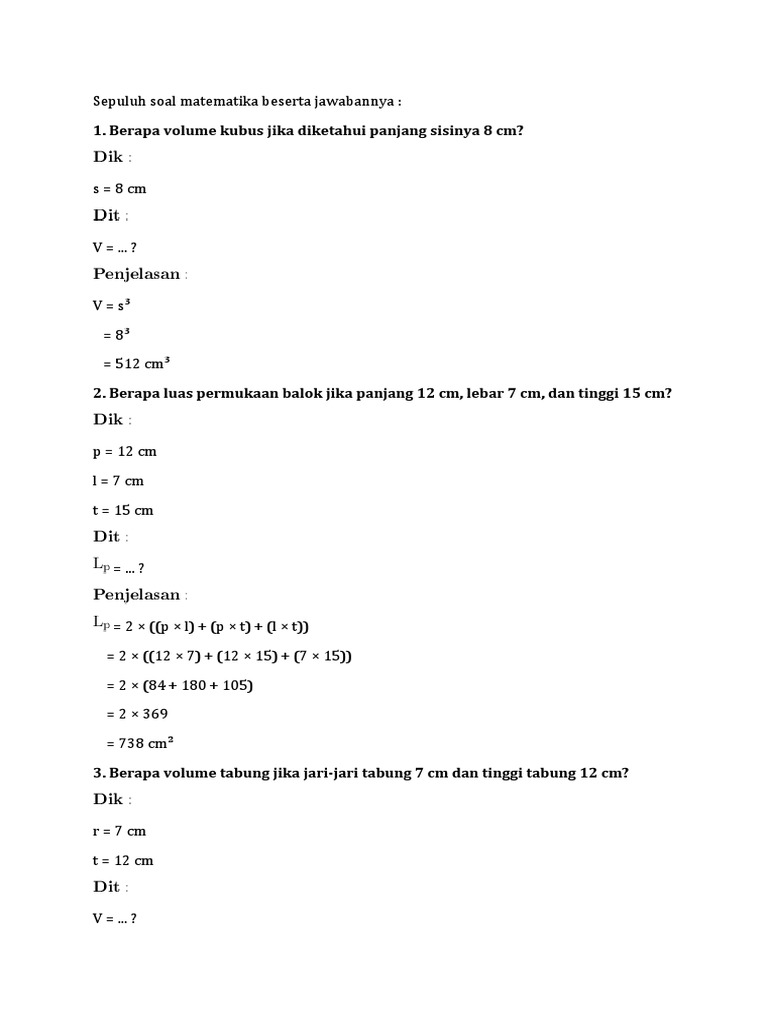 Sepuluh Soal Matematika Beserta Jawabannya | PDF
