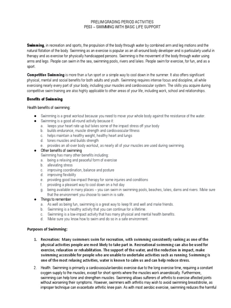 Swimming Prelim Lesson - Swimming | PDF | Swimming | Swimming (Sport)