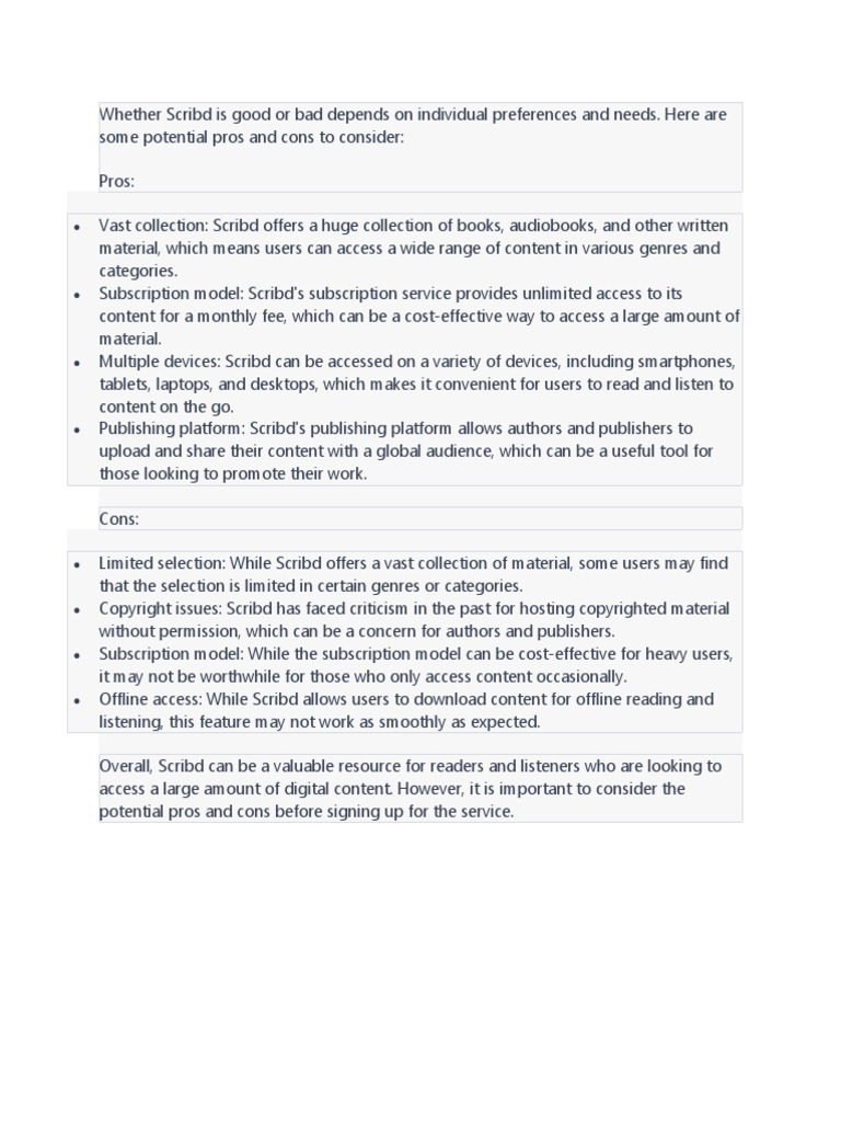 Pros and Cons of Scribd Subscription | PDF | Computers
