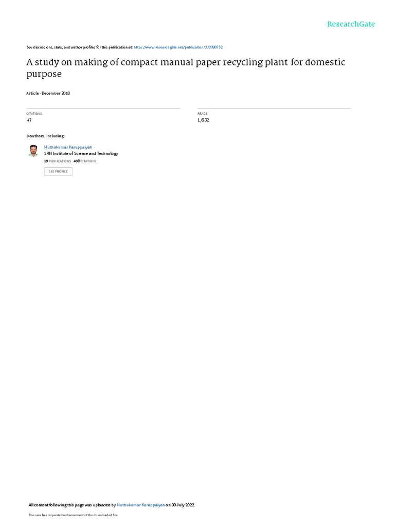 A Study On Making of Compact Manual Paper Recycling Plant For Domestic Purpose | PDF | Paper ...