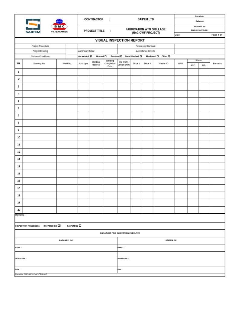 Visual Inspection Report: Contractor: Saipem LTD | PDF | Welding ...