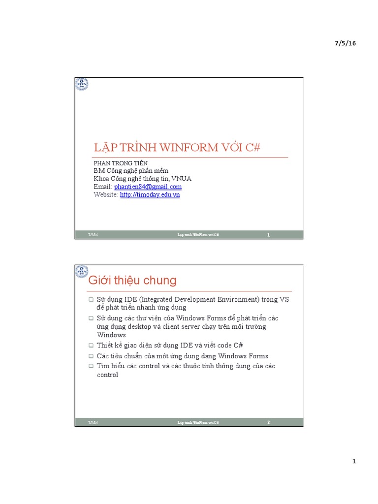 Lập Trình Winform Với C#: BM Công nghệ phần mềm Khoa Công nghệ thông tin, VNUA Email | PDF