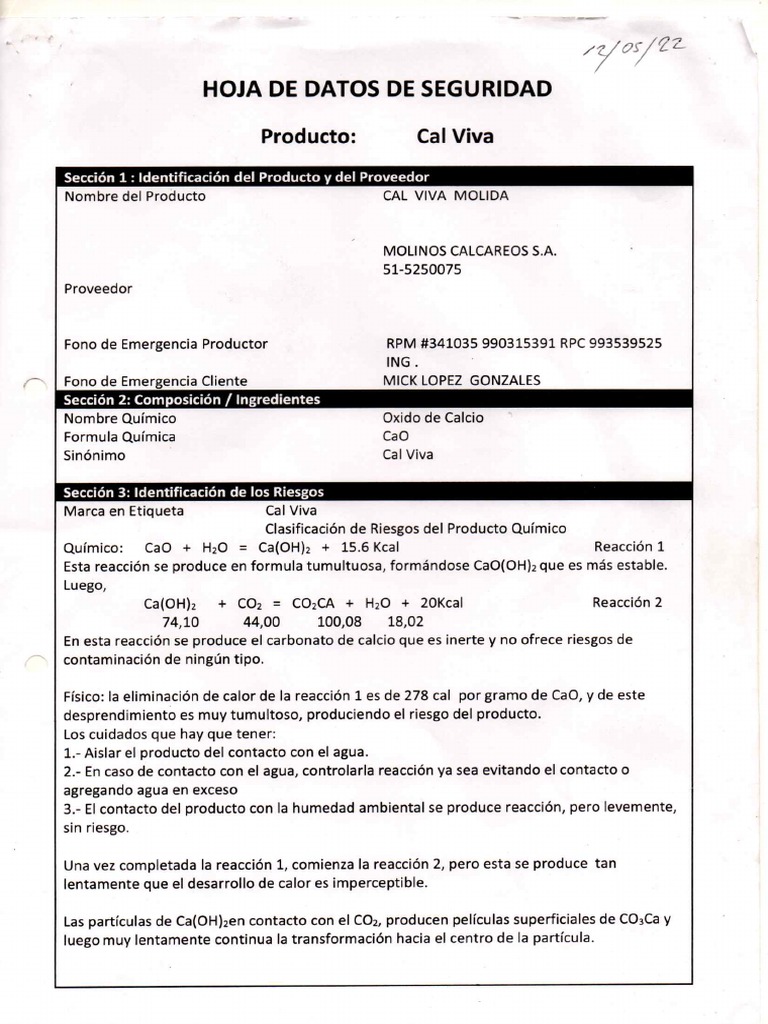 Hoja MSDS Cal Viva | PDF