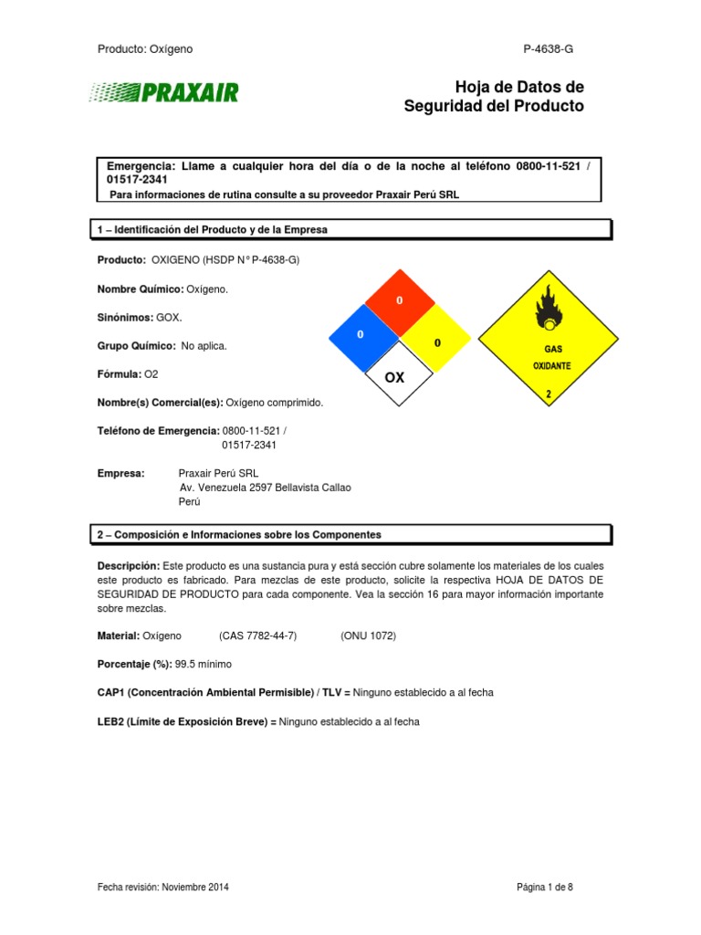 MSDS 0250-A Oxigeno Nov.2014 | PDF | Oxígeno | Incendios