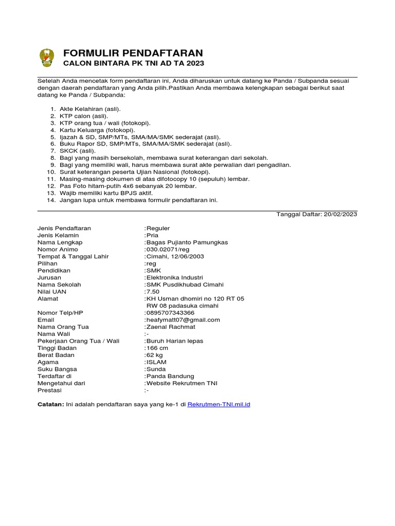 Formulir Pendaftaran: Calon Bintara PK Tni Ad Ta 2023 | PDF