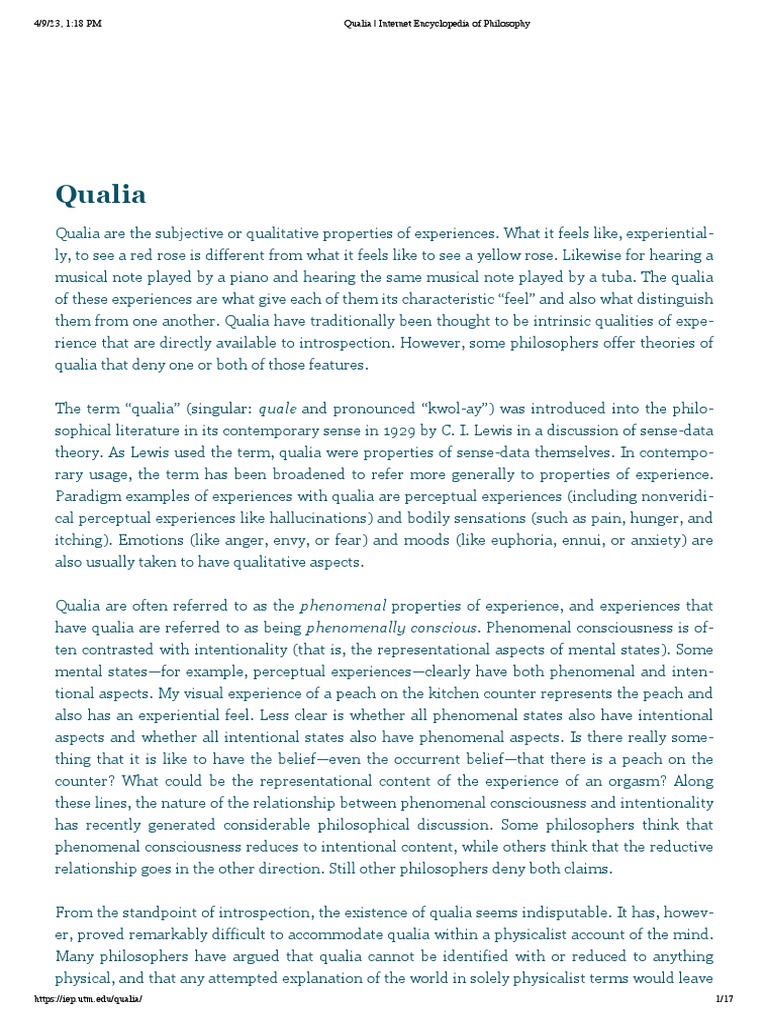 Qualia - Internet Encyclopedia of Philosophy | PDF | Qualia | Mind