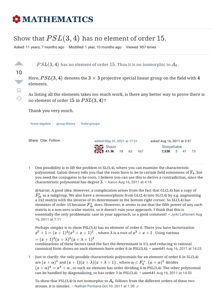 Linear Algebra - Show That $PSL (3,4) $ Has No Element of Order $1 | PDF | Field (Mathematics ...