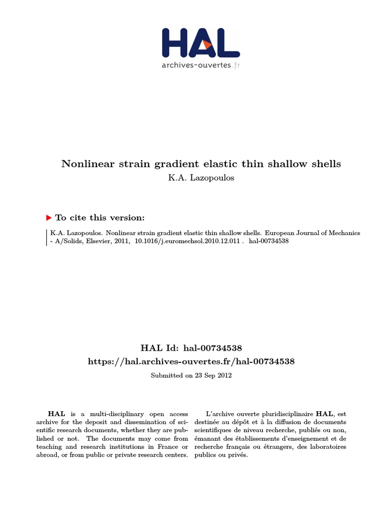 Nonlinear Strain Gradient Elastic Thin S | PDF | Bending | Stress (Mechanics)