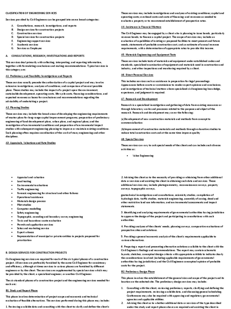 Classification of Engineering Services | PDF | Engineer | Civil Engineering