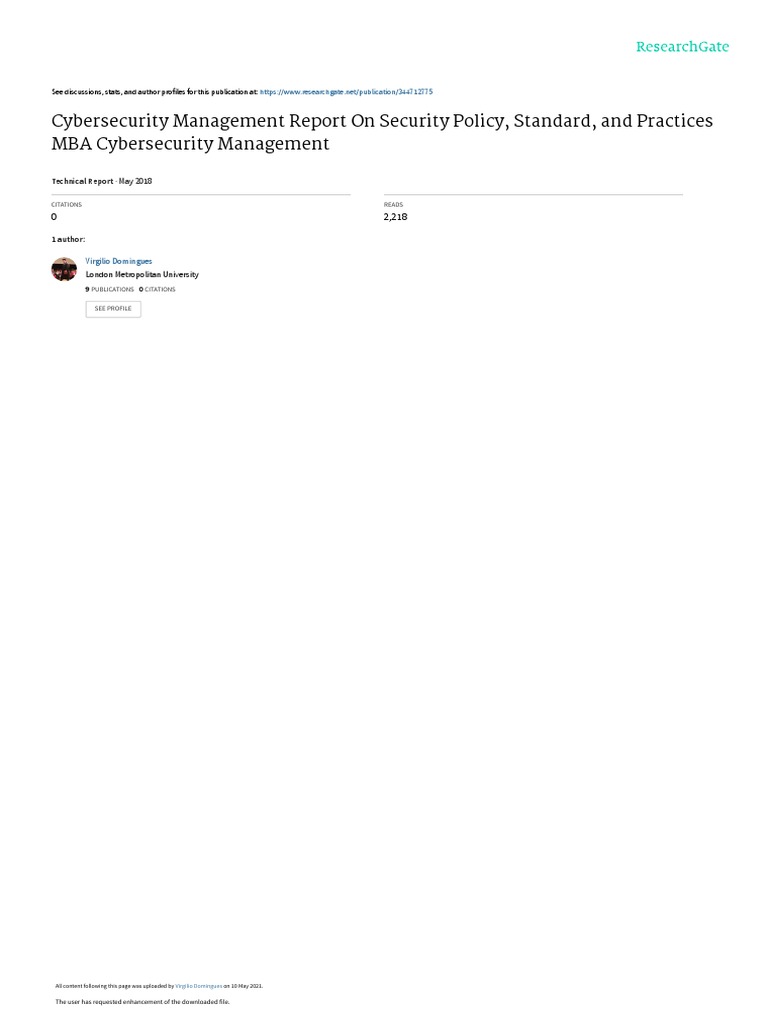 Cybersecurity Management Report On Security Policy, Standard, and Practices MBA Cybersecurity ...