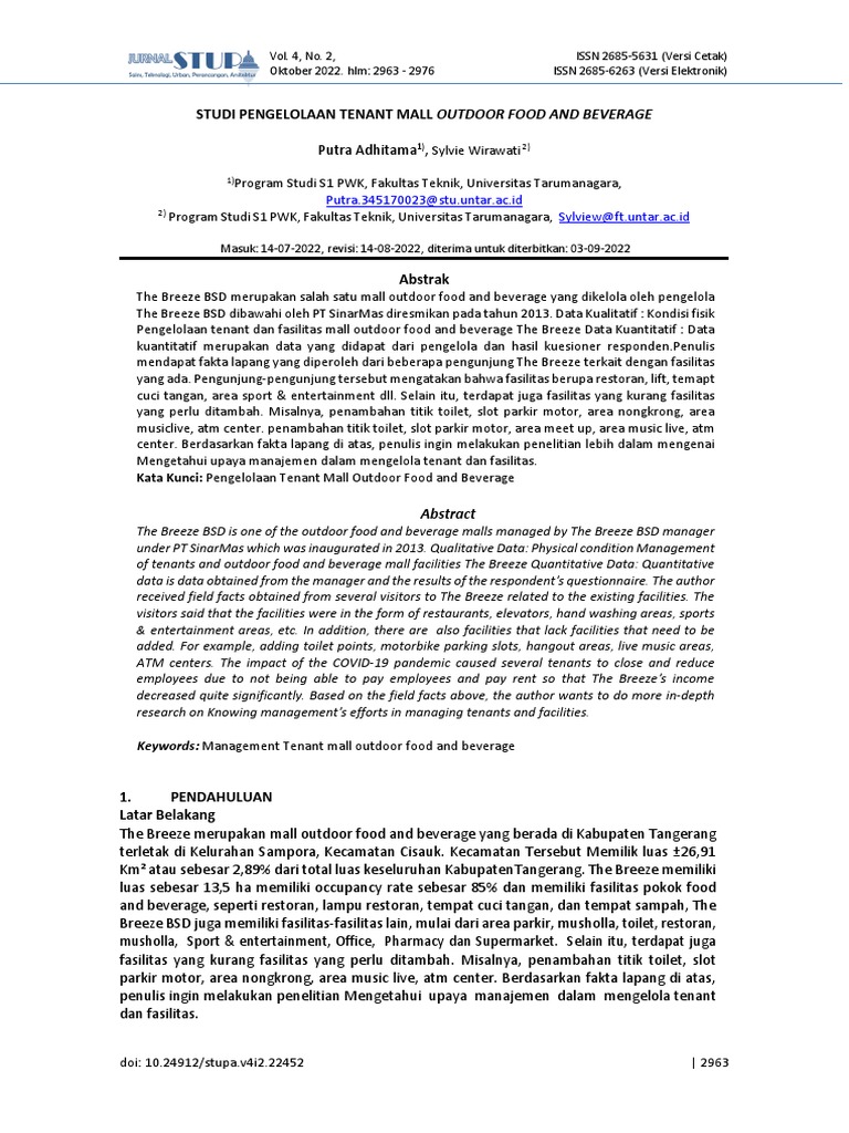 Management Efforts in Managing Tenants and Facilities at The Breeze BSD Outdoor Food and ...