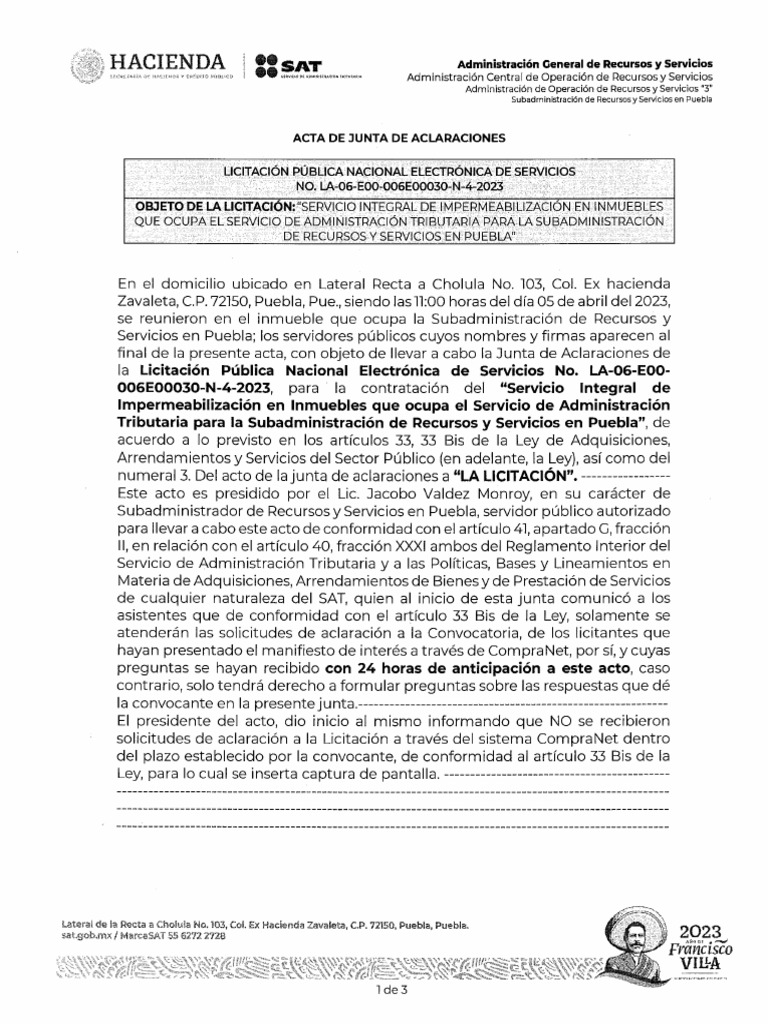 Acta de Junta de Aclaraciones. Puebla | PDF