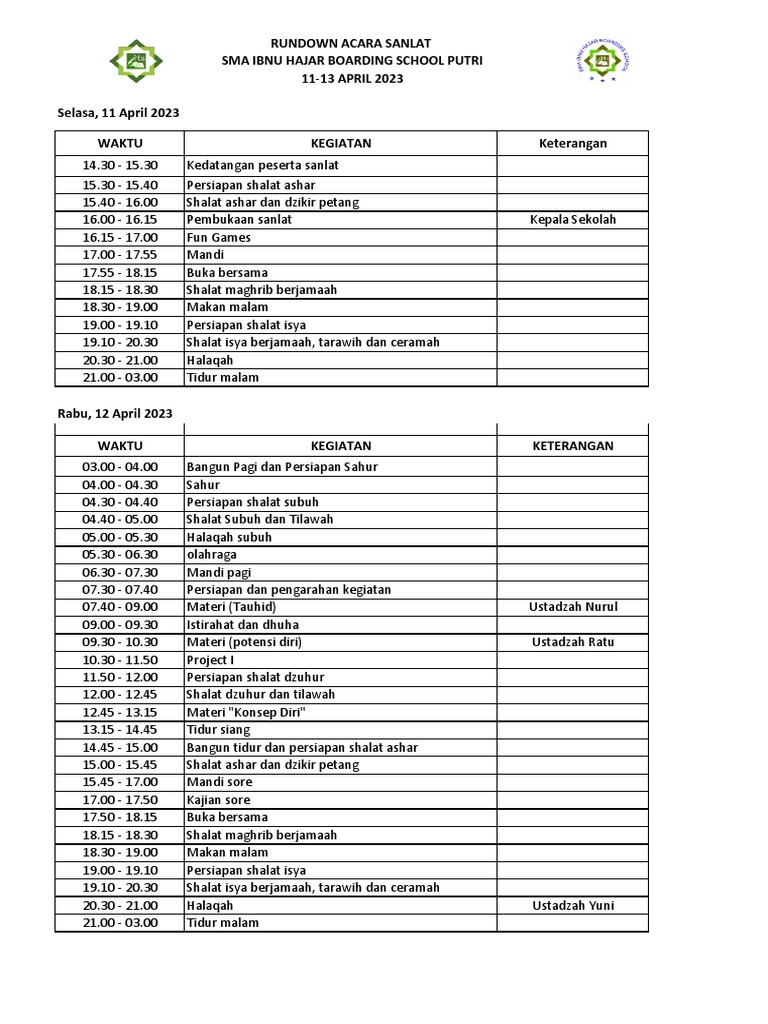 Rundown Kegiatan Sanlat | PDF