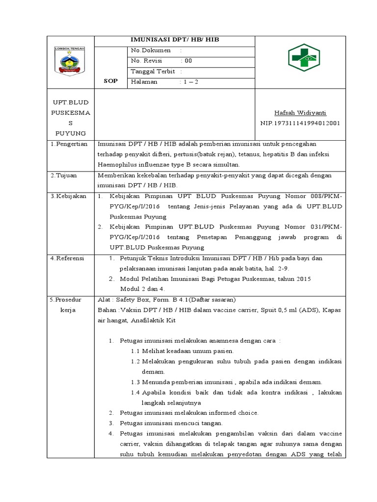 SOP IMUNISASI DPT, HB, Hib | PDF