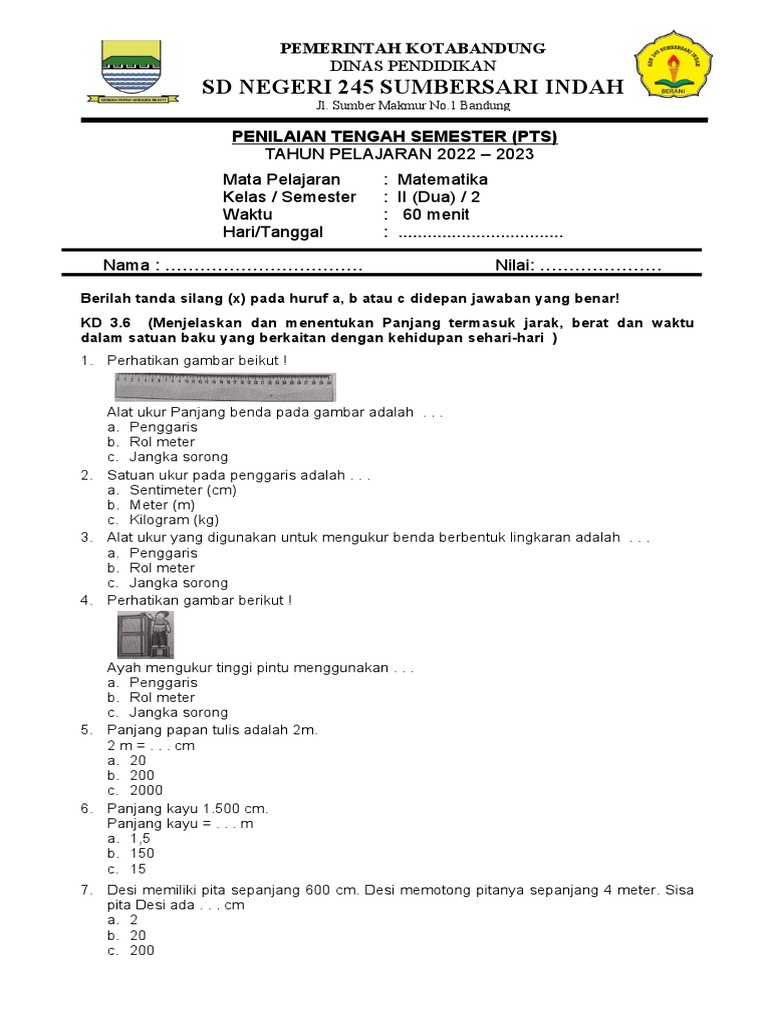 Soal PTS Matematika KLS 2 Semester 2 | PDF
