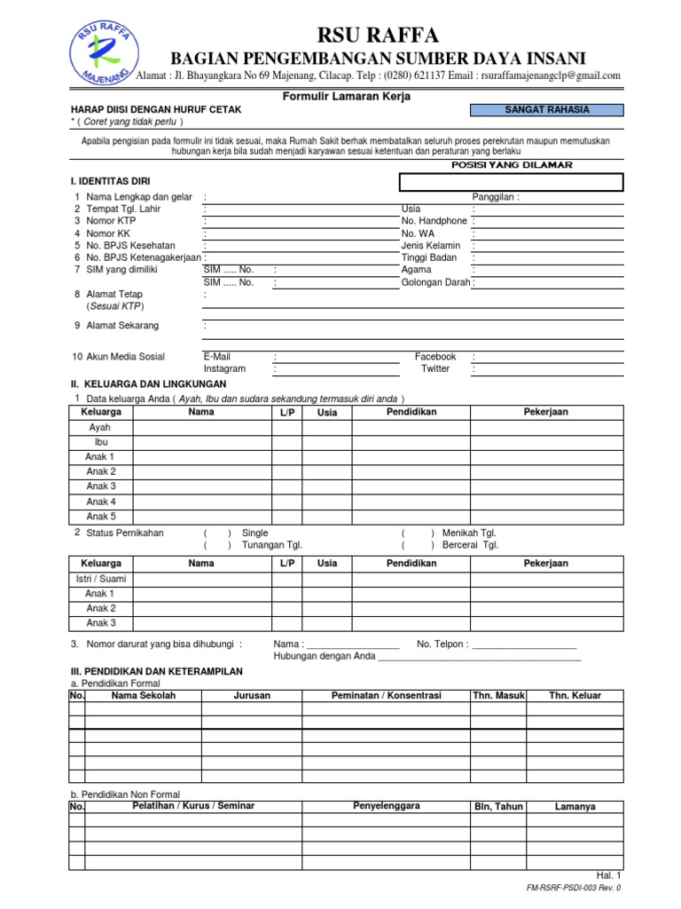 Biodata Pelamar Rsu Raffa Majenang | PDF