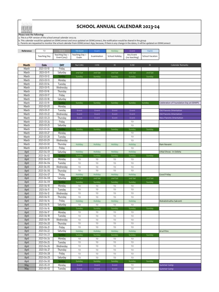 ODM Public School & ODM Kids World - Annual School Calendar - 2023-24 ...