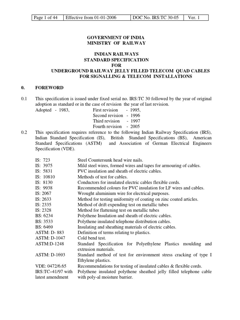 RDSO Specification for 6 Quad Cables | PDF | Electrical Wiring ...
