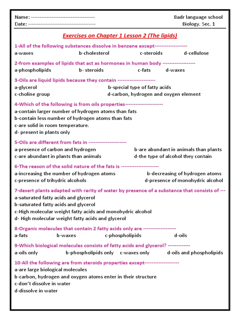 Lipids Chapter Exercises Pdf Fatty Acid Fat